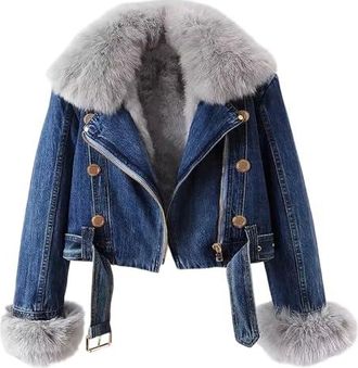 Generic Veste en jean &eacute;paisse avec doublure en fausse fourrure de lapin pour femme - Manteau dhiver doux et amovible, noir fonc&eacute;, XXL