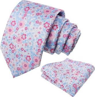 Alizeal Cravate florale pour homme avec poche carrée pour fête de mariage et mouchoir, 129-Bleu clair + Rose, taille unique