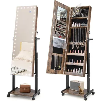Costway Armoire &agrave; Bijoux &agrave; Roulettes Hauteur R&eacute;glables, Miroir Pleine Longueur avec Lumi&egrave;res LED, Interrupteur Tactile, Verrouillable, Roues