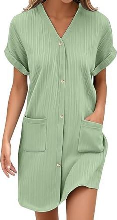 Generic Robe dété pour Femme Grande Taille Décontracté à Manches Courtes Robe de Plage Sexy Ample Tunique Jupe Col V Rétro Maxi Dress Lâche Couleur Unie Bohèm