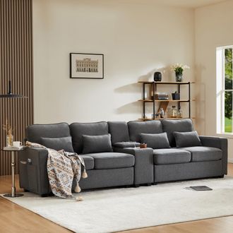 Merax Sofa 4 Sitzer Modern Couch mit Konsole, 2 Getränkehaltern und 2 USB-Ladeanschlüsse Polstersofa mit Armlehnen-Taschen und 4 Kissen, für Wohnzimmer/Schl