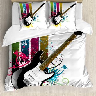 Abakuhaus Gitarre Bettbezugs Set Für Doppelbetten, Bass Blumen Bunt, Weicher Microfaserstoff Allegigeignet kein Verblassen,Weiß Schwarz