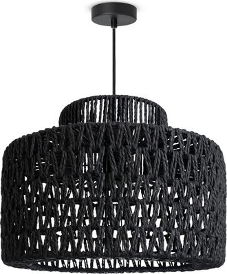 Paco Home LED Pendellampe Pendelleuchte Hängelleuchte Hängelampe für Wohnzimmer Schlafzimmer Esszimmer Schirm Papier E27, Farbe:Schwarz (Ø40cm), Leuchtenart/Far