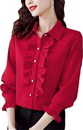 Generic Chemise élégante à volants pour femme - Chemisier décontracté à manches longues - Solide et fin, Rouge, XL