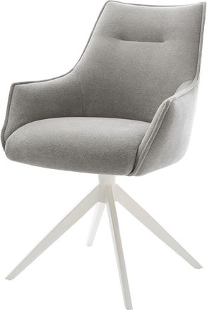 DELIFE Esszimmerstuhl Alja-Flex mit Armlehnen Kreuzgestell breit Wei&szlig; Strukturstoff Soft Grau 360&deg; drehbar Wippfunktion Taschenfederkern