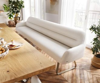 DELIFE Esszimmerbank Taya-Flex 300 cm Boucl&eacute; Creme-Wei&szlig; Kufengestell flach Effektfinish Titan Taschenfederkern, B&auml;nke