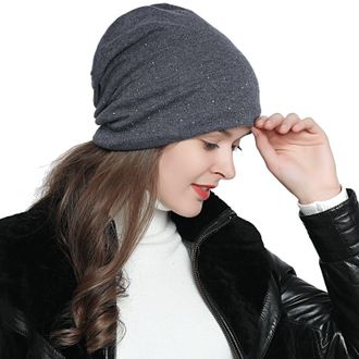 DonDon Damen M&uuml;tze Winterm&uuml;tze Slouch Beanie Silberne Pailletten Nieten grau