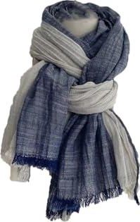 Generic Écharpe en coton et lin pour homme - Couleur unie - Pompons, Bleu marine, gris clair, 200 90CM