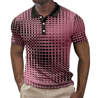 Generic Polo de golf &agrave; carreaux pour homme, coupe classique, col boutonn&eacute;, l&eacute;ger, extensible, sport, gym, entra&icirc;nement, tennis, rose, XL