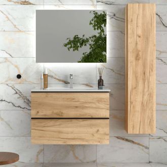 Cygnus Bath Salgar - Meuble salle de bain - 80 cm - avec plan vasque - Effet ch&ecirc;ne brut - poign&eacute;es noires - a suspendre - aruba