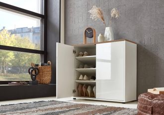 BMG M&ouml;bel Schuhkommode Kommode Aktenschrank &raquo;Mailand 4&laquo; Schlafzimmer, bis zu 16 Paar Schuhe, w&auml;hlbar (Wei&szlig;/Artisan Eiche)