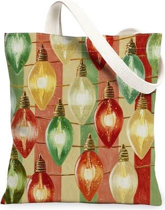 Generic Sacs fourre-tout vintage en toile, motif lumi&egrave;res de No&euml;l, sacs d&eacute;picerie r&eacute;utilisables, l&eacute;gers et lavables avec bandouli&egrave;re pour H, multicolore, 13x1