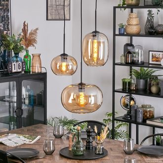 HOFSTEIN H&auml;ngeleuchte Apedo, 3-flammige H&auml;ngelampe aus Metall/Glas in Schwarz/Goldfarben, moderne Pendelleuchte im Retro/Vintage-Design (Schirme &Oslash; 20; 30 cm), 