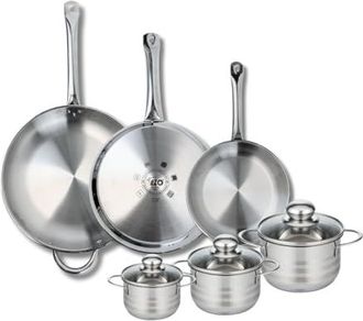 Fackelmann ELO 9886050 Batterie de cuisine 6 pi&egrave;ces, Ensemble de 3 Po&ecirc;les de cuisson 24, 28 et 32 cm et 3 faitouts 12, 14 et 16 cm Elo Profi Brillant, inox, indu