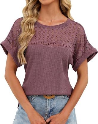 Generic Chemisier d&eacute;contract&eacute; &agrave; manches courtes et col rond pour femme | Chemise d&eacute;t&eacute; l&eacute;g&egrave;re textur&eacute;e pour un usage quotidien, le bureau, les vacances d&eacute;contr