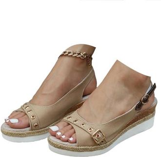 Generic Sandales compens&eacute;es &agrave; bout ouvert et bride arri&egrave;re pour femme avec noeud lat&eacute;ral, style d&eacute;contract&eacute;, talon mi-bas, toile avec noeud papillon, Tb Beige