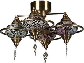 Opviq Elegant Oriental Chandelier, Metal Body with Glass Cap, 44 cm Length & 50 cm Diameter, E27 Socket Max 40W | Traditional Tiffany Design for Home Decor