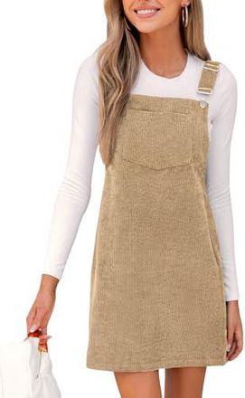 Cupshe Mini robe dautomne en velours côtelé pour femme, col carré, bretelles réglables, poche avant, boutons latéraux, robes dautomne, abricot, Taille XL