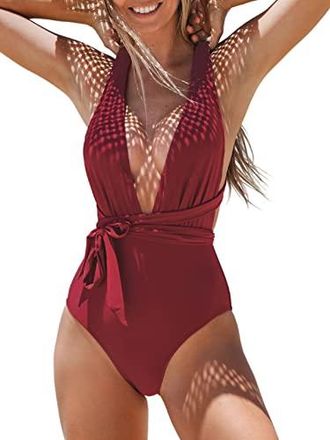 Cupshe Femme Maillot de Bain 1 Pièce à Décolleté Plongeant Dos Croisé Swimsuit Maillot 1 Pièce Maillot Rouge XS
