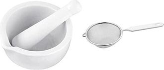 Fackelmann Fackelmann Mörser und Stößel, Gewürzmörser aus Porzellan (Weiß), 1 Stück & Sieb Ø 10 cm, Küchensieb aus Edelstahl, feinmaschiger Seiher mit Griffeinla