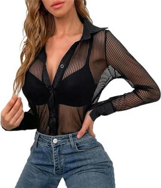 ORANDESIGNE Femme Chemisier à Manches Longues en Maille Transparente Tee Shirt Chemise Sexy Col à Revers Couleur Unie Sheer Mesh Noir Tulle Tenue de Moulante pour