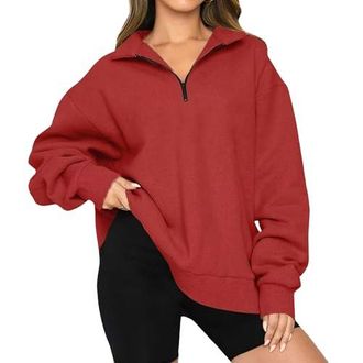 Generic Sweat Shirt &agrave; col en V pour Femme, Coupe Oversize, Demi Zip, Polaire, Pull Confortable, &eacute;paules Tombantes, Rouge, Taille XL