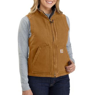 Carhartt Work in Progress Womens Loose Fit Washed Duck Sherpa-Lined Mock Vest, Brown, X-Large