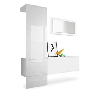 Vladon Penderie Carlton Set 4, Meuble dentrée Comprenant 1 Panneau Porte-Manteaux, 1 Module de Commode et 1 Miroir Mural, Blanc Mat/Blanc Haute Brillance (15