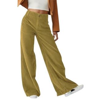 Generic Pantalon de travail d&eacute;contract&eacute; en velours c&ocirc;tel&eacute; pour femme, taille haute, coupe droite, ample et confortable avec poches, Lin bleu., XXL
