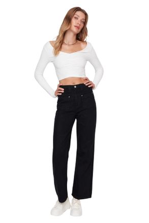 Trendyol Damen Trendyol Mens Medium Waistband Wide Leg Jeans, Schwarz, 42 EU