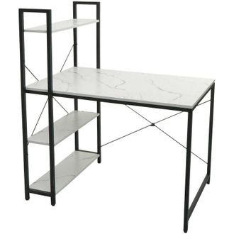 Hhg Schreibtisch mit Regal 669, Laptoptisch B&uuml;rotisch Arbeitstisch, 100x60cm Metall mdf Marmor-Optik wei&szlig;