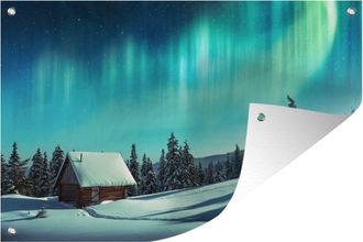 MuchoWow Outdoor-Poster Poster Wanddeko draußen Deko Garten Gartenposter 120x80 cm Nordlichter - Schnee - Haus - Winter