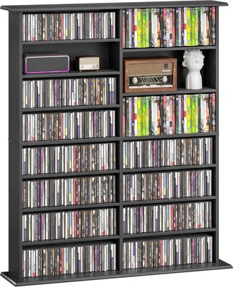 HOMCOM Rangements pour CD et DVD - HOMCOM - 16 compartiments et 12 &eacute;tag&egrave;res r&eacute;glables - capacit&eacute; max. 720 CD/396 DVD et Blu-ray - noir