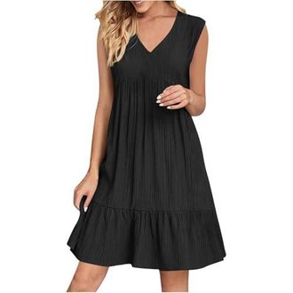 Generic Robe d&eacute;t&eacute; sans manches pour femme - Col en V - D&eacute;contract&eacute;e - Volants - Ligne A - Swing - 2025, Noir, XXL