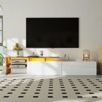 Generic Modernes TV-Schrank mit LED-Beleuchtung TV-Kommode mit Schubladen Offene Glasböden TV-Ständer für Wohnzimmer Esszimmer TV Möbel Tisch Unterschrank Wei