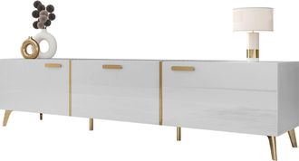 Mirjan24 TV Lowboard Picru 200 3D, TV Schrank mit 3 Klapptüren, Fernsehschrank, Fernsehtisch, Unterschrank (Weiß/Weiß Hochglanz + Gold)