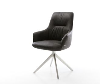 DELIFE Drehstuhl Zelia-Flex mit Armlehnen Mikrofaser Anthrazit Vintage Kreuzgestell breit Edelstahl 360&deg; drehbar Wippfunktion Taschenfederkern, Esszimmerst&uuml;h