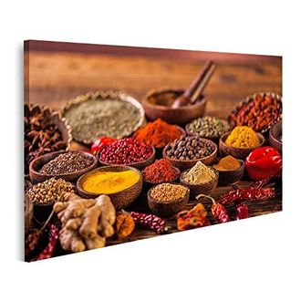 Islandburner Tableau sur Toile Table Bois &Eacute;pices Color&eacute;es Bols Indon&eacute;siens Traditionnels Orientaux Cadre Affiche Poster Murale Tableaux