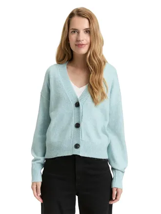 Tom Tailor Cardigan TOM TAILOR, Damen, Gr. XXL, wei&szlig; moss melange, Strick, Obermaterial: 47% Polyester, 47% Viskose, 6% Polyamid, meliert, regular fit normal, V-
