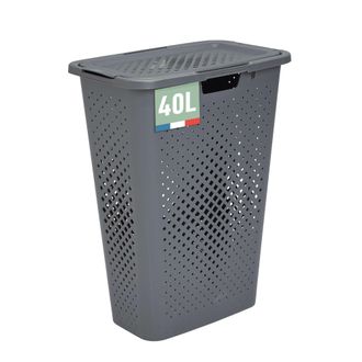 Sundis Pixel, Wäschekorb mit deckel 40l, aus recyceltem Kunststoff, grau, ideal für kleine Räume, 2 seitliche Griffe und 1 Griff an der Unterseite, Belüftung