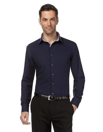Vincenzo Boretti Chemise Homme, Coupe cintrée Slim-fit, Tissu Infroissable et agréable, 100% Coton, Manches-Longues, col Kent, Unie avec triplure de Contraste Bleu fon