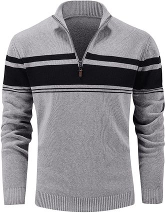 Magcomsen Herren Pullover mit Rei&szlig;verschluss Fleecepullover Feinstrick Strickpullover Warm Langarmshirt, Hellgrau-Schwarz, XXL