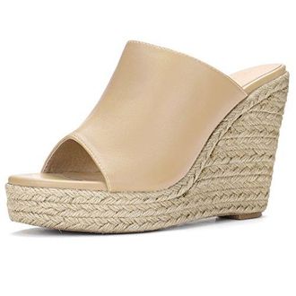 Allegra K Espadrille &agrave; bout ouvert pour femmes Mules &agrave; plateforme &agrave; talons compens&eacute;s Beige 39
