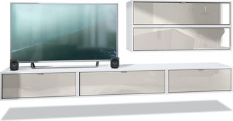 Vladon Wohnwand Lana V2 Anbauwand aus 5 H&auml;ngeelementen mit 12 F&auml;chern, Made in Germany, Korpus in Wei&szlig; matt, Fronten in Sandgrau Hochglanz | Gro&szlig;e Farbauswah