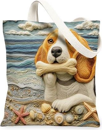 Generic Sac fourre-tout amusant en toile motif beagle pour faire du shopping, 33 x 38,1 cm, sac d&eacute;picerie r&eacute;utilisable pour femme, peinture danimaux domestiqu