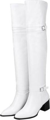 SOLUSTRE Longues Femme Automne Hiver Talon &Eacute;pais Antid&eacute;rapant Dessus Genou avec Boucle Semelle R&eacute;sistante et Confortable Style &Eacute;l&eacute;gant Blanc