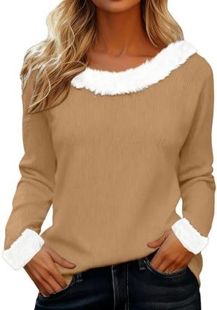 Generic Chemisier uni à manches longues pour femme - Automne et hiver - Col en peluche - Couleur unie - Ample - Décontracté - T-shirt à manches longues - Vête
