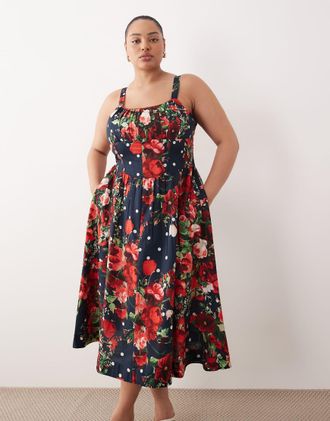 Hope & Ivy Robe trap&egrave;ze mi-longue fa&ccedil;on corset &agrave; bretelles - Bleu marine fleuri