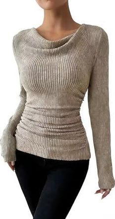 Generic Haut &agrave; manches longues en tricot c&ocirc;tel&eacute; pour femme, col b&eacute;nitier asym&eacute;trique, coupe ajust&eacute;e, fronc&eacute; sur le c&ocirc;t&eacute;, pour un usage quotidien d&eacute;contract&eacute;, 