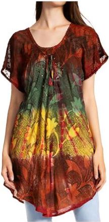 Sakkas 14783 - Dina Décolleté Sequin Sek Tie Dye Broderie Cap Manches Blouse/Top - Marron - OSP